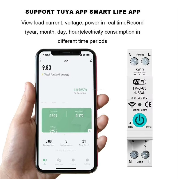 Smart WiFi Electricity Meter MCB 63A 1P 220V Tuya App Remote Control ...